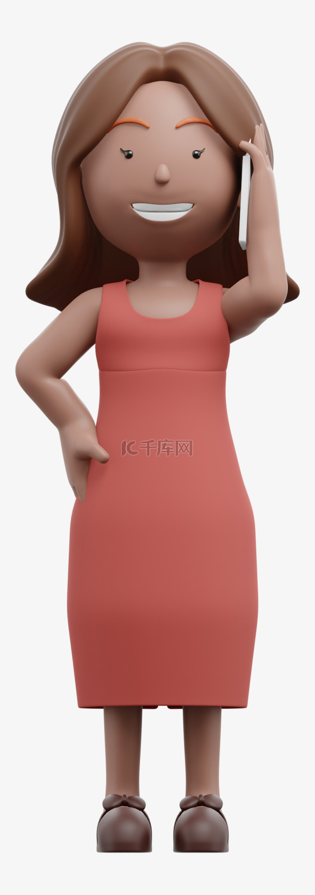 活力四溢的3D棕色女性打电话形象优雅姿态展示现代女性手机沟通素材图片免费下载 千库网
