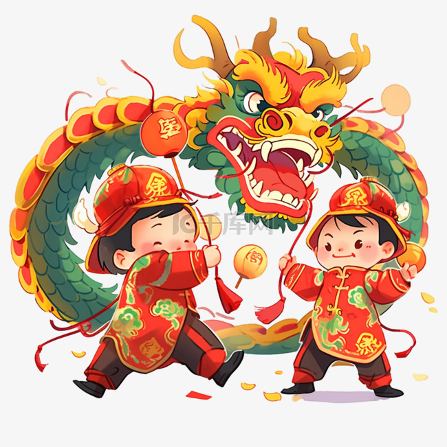 卡通手绘小孩舞龙过春节10素材图片免费下载 千库网