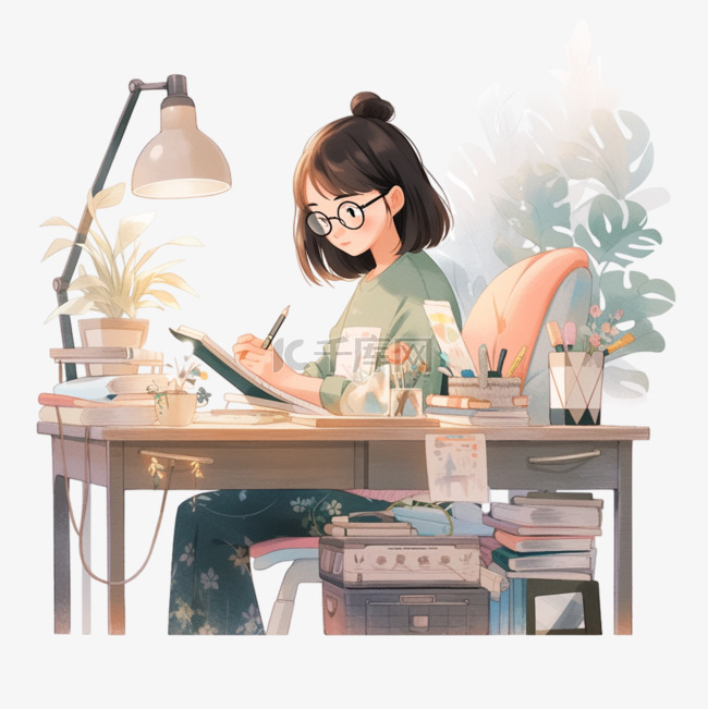 女孩在台灯下学习元素素材图片免费下载 千库网