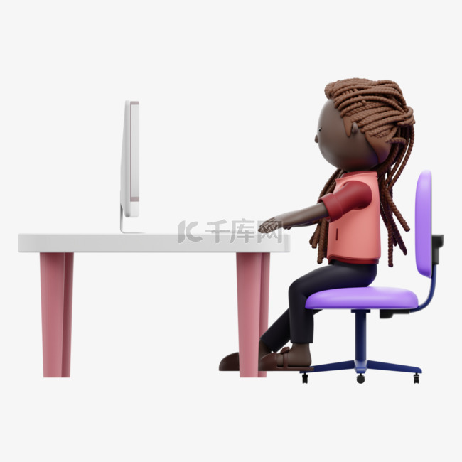 漂亮女性办公3D黑人姿势与电脑动作形象素材图片免费下载 千库网