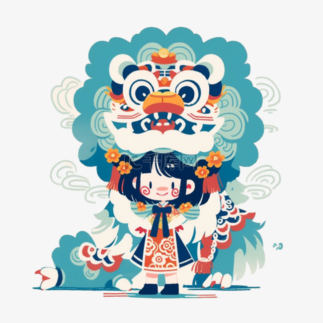 春节新年新春浅绿色舞狮卡通扁平插画素材图片免费下载 千库网