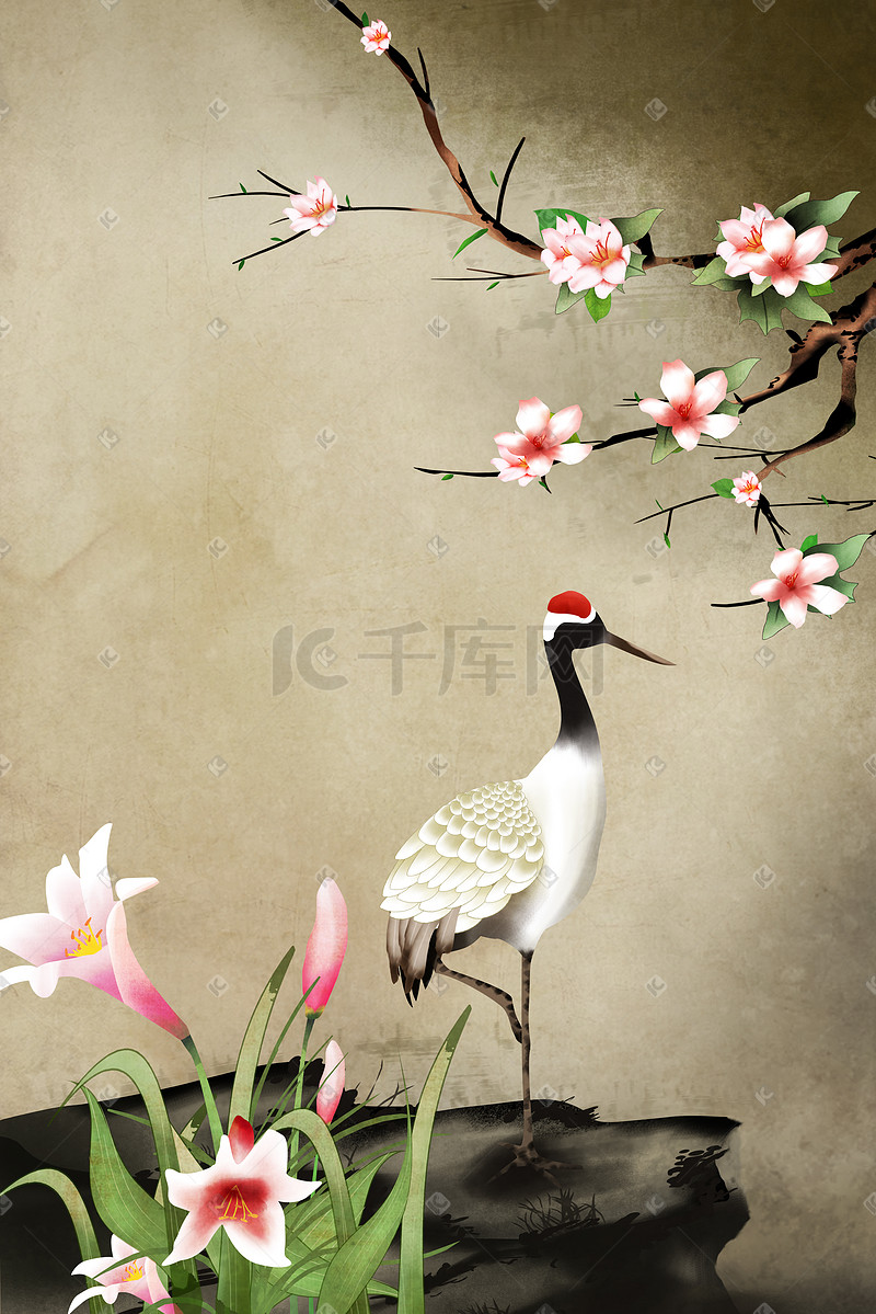 仙鹤工笔画插画 仙鹤工笔画配图 千库网