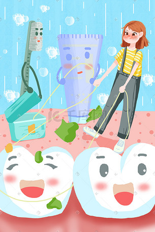 预防蛀牙保护牙齿少女刷牙创意卡通插画图片 千库网