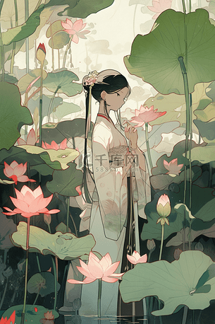 中国风古风仕女莲花图美女在荷花池中插画图片 千库网