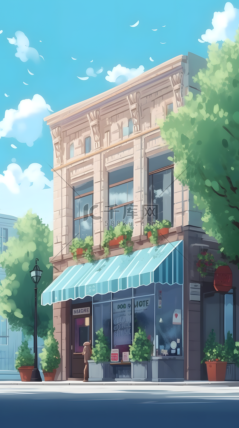 夏日蓝色商店插画 夏日蓝色商店配图 千库网