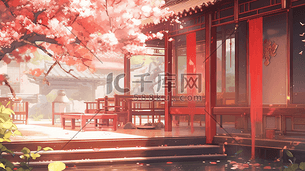 中式场景唯美治愈古风梦幻的中式庭院插画图片 千库网
