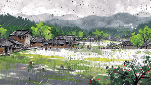 中式国画画风农民稻田里种田的7插画图片 千库网