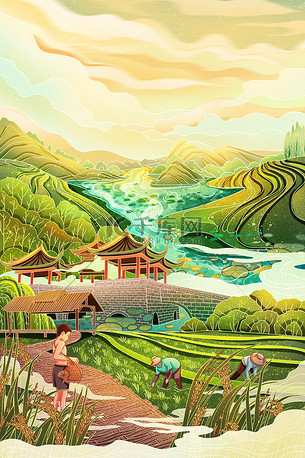 国潮芒种二十四节气插秧梯田场景插画图片 千库网