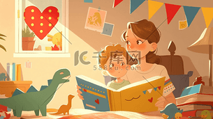 温馨手绘卡通母子读书插画图片 千库网