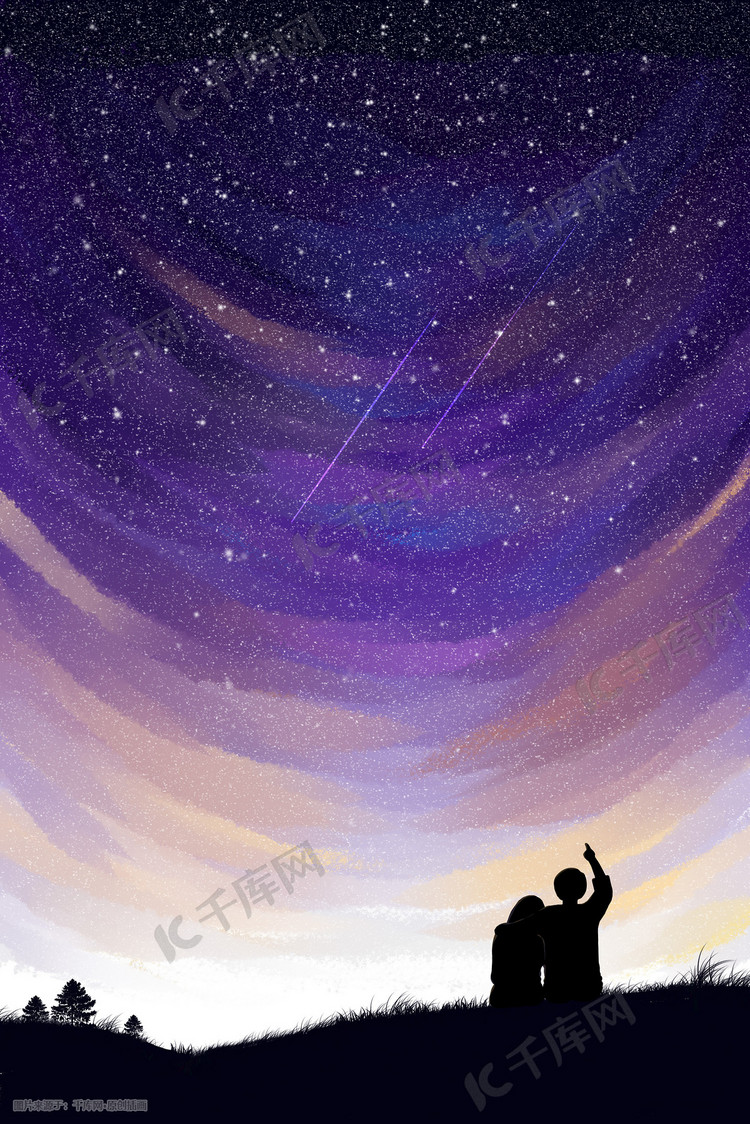 星空下情侣坐在山坡草地上看星星插画图片 千库网