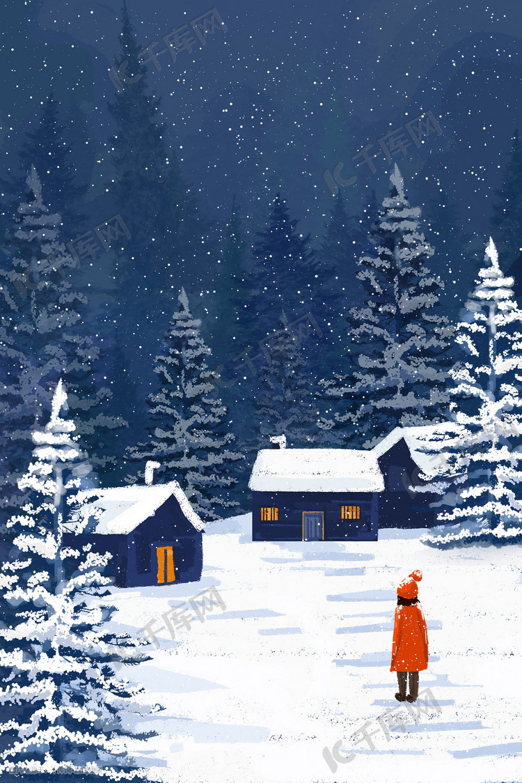 冬季雪景手绘插画图片 千库网