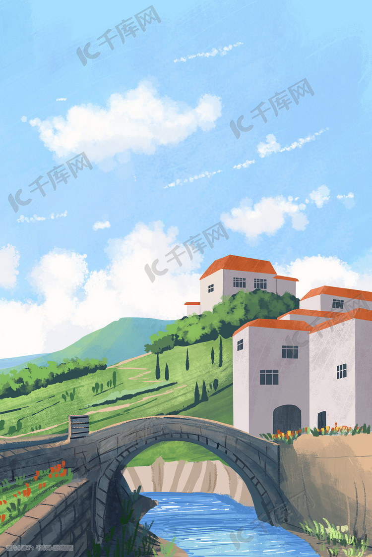 夏天乡村风景拱桥河道插画图片 千库网