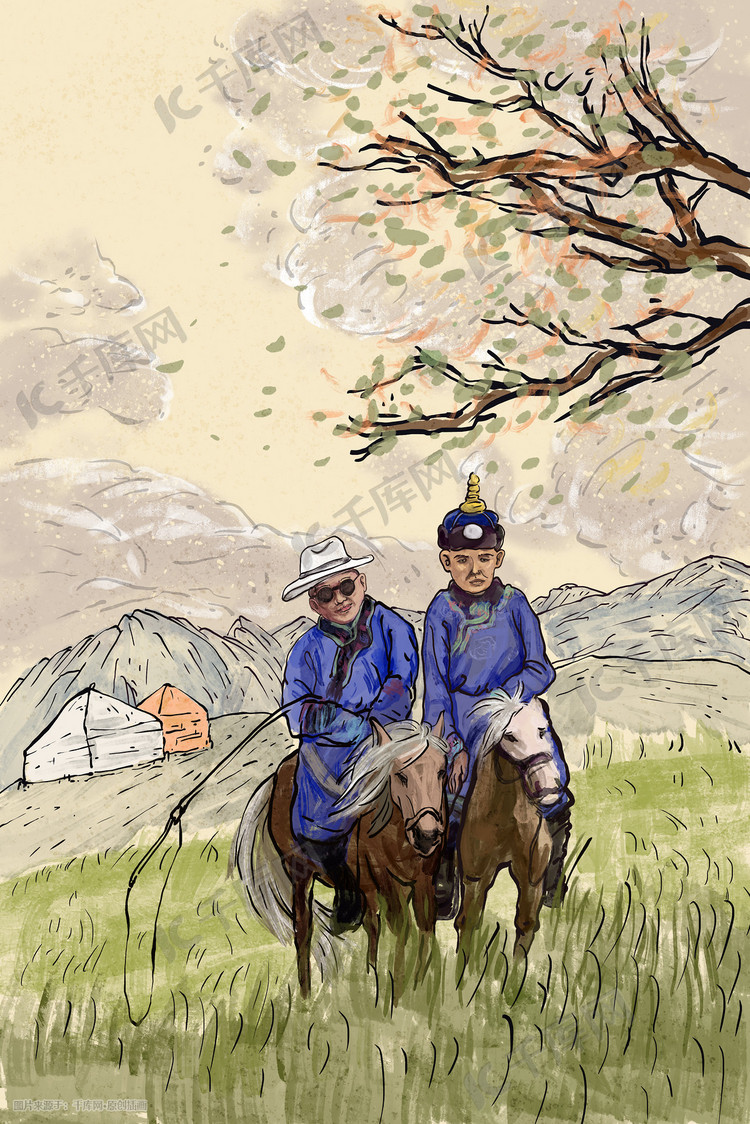 少数民族蒙古族骑马青年水彩背景插画图片 千库网