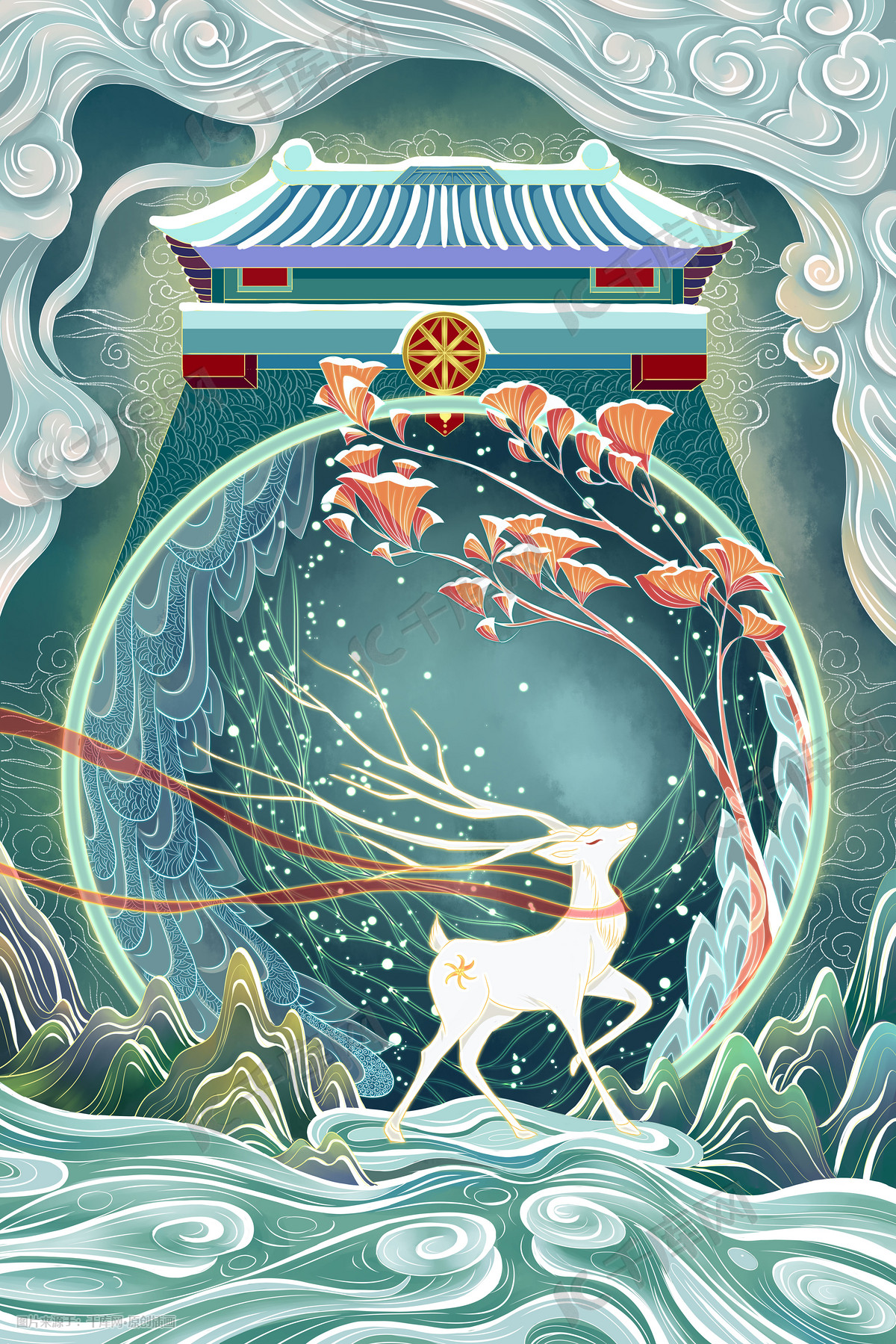 大雪雪中神鹿国风手绘插画图片 千库网