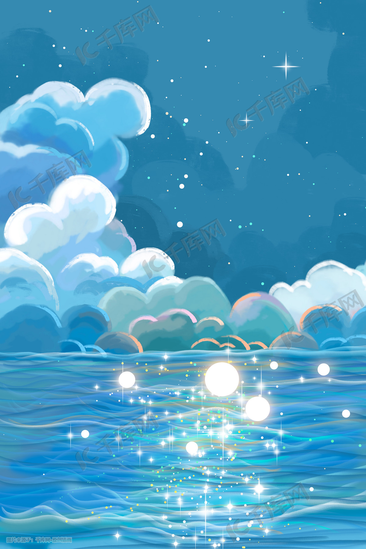 天空蓝天云夜晚星空星星大海唯美治愈背景插画图片 千库网