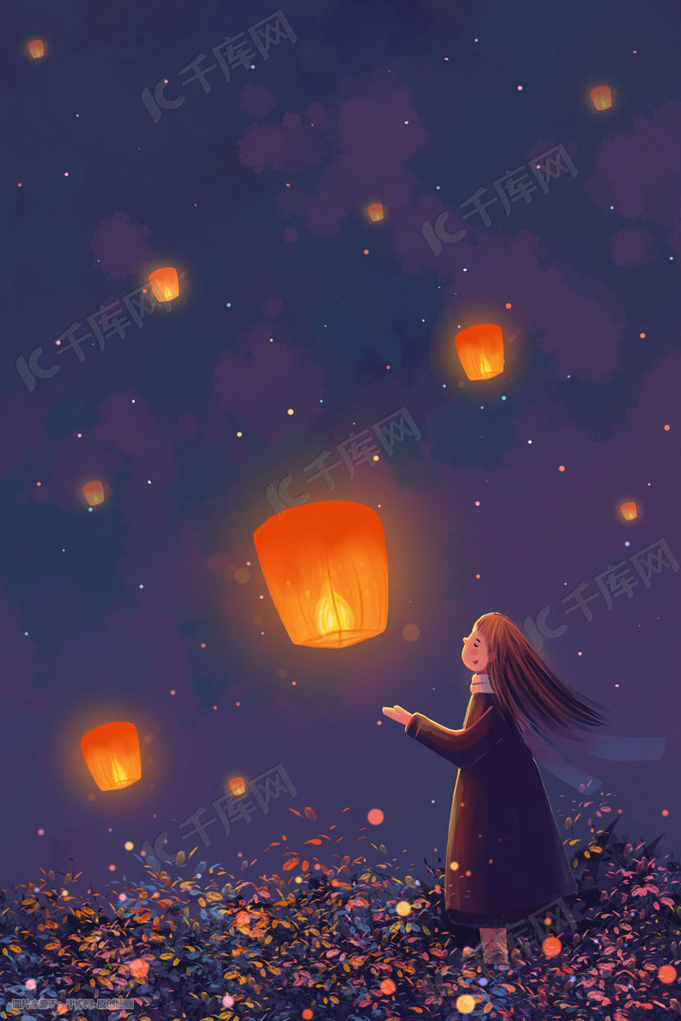 元宵节女孩与孔明灯治愈风景背景插画图片 千库网