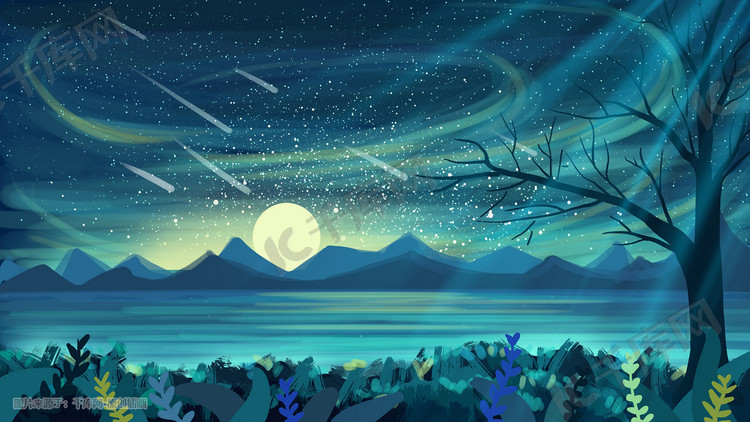 月光下湖边的夜景插画图片 千库网