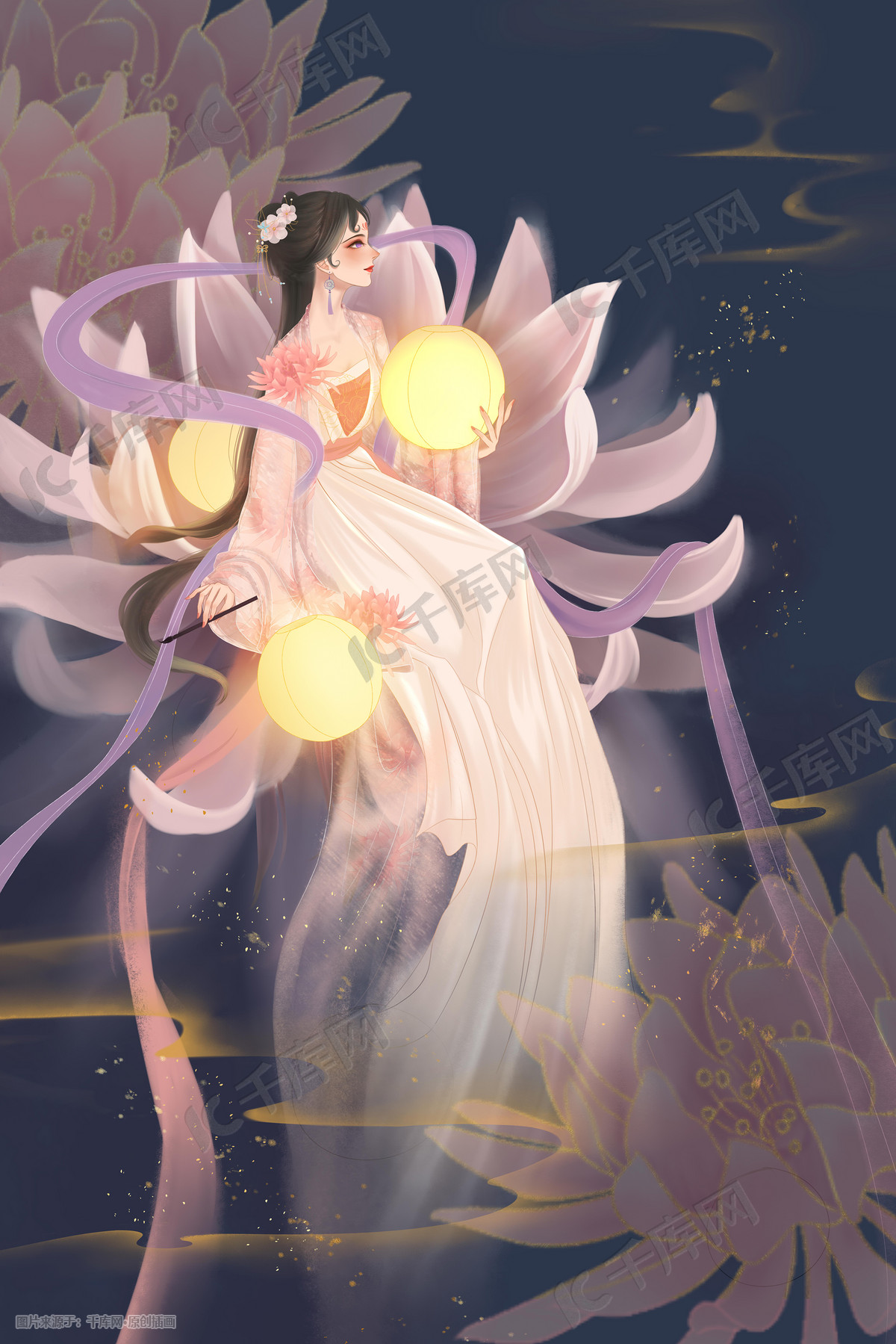 中秋节嫦娥中国风唯美夏天荷花美女昙指一间之昙花仙中秋插画图片 千库网