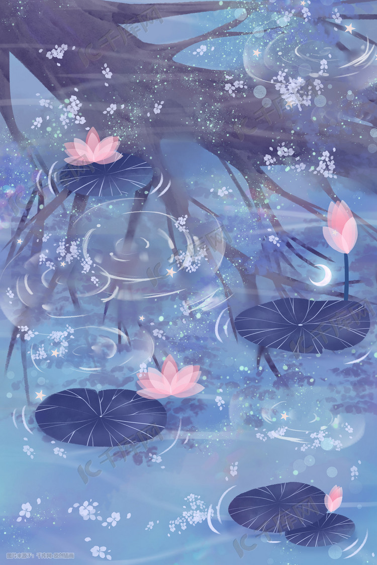 唯美梦幻倒影水面荷花插画图片 千库网
