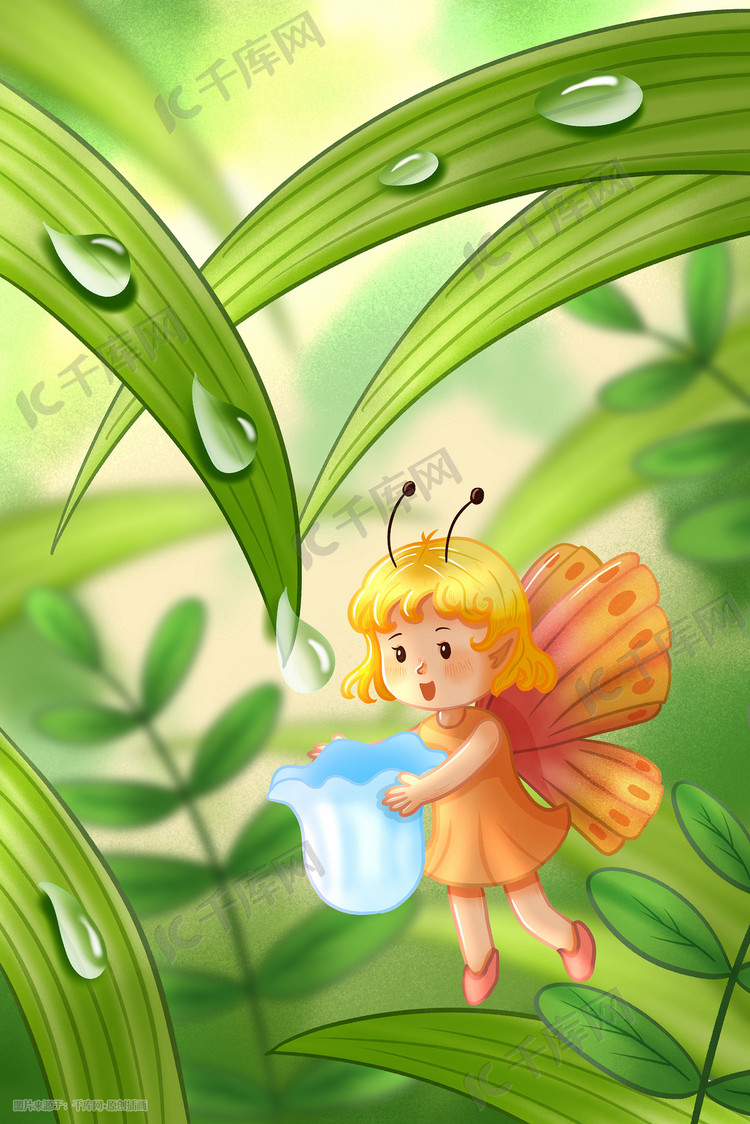 寒露露水精灵草丛接露水可爱治愈插画图片 千库网