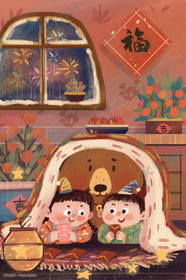 元旦新年过年春节姐弟兄妹守岁插画图片 千库网
