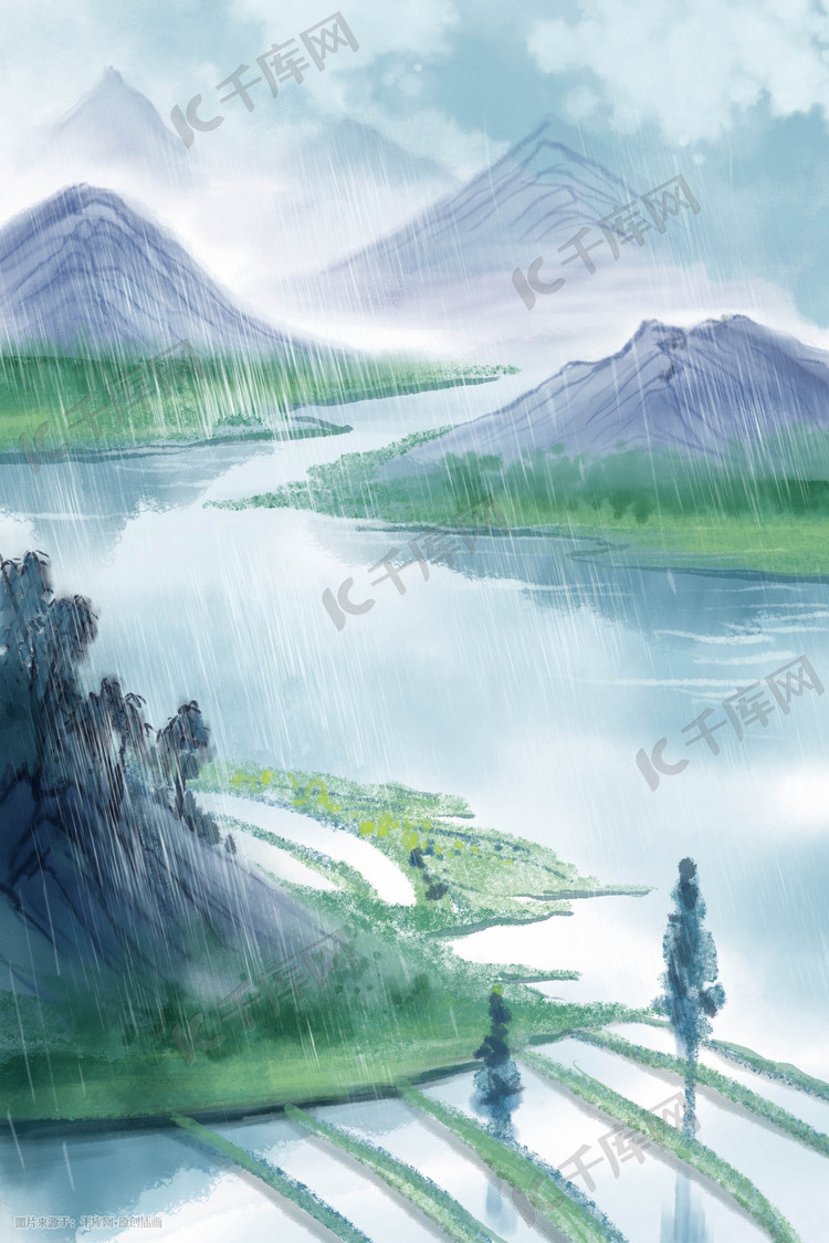 水彩唯美春天下雨山水田园风景图插画图片 千库网