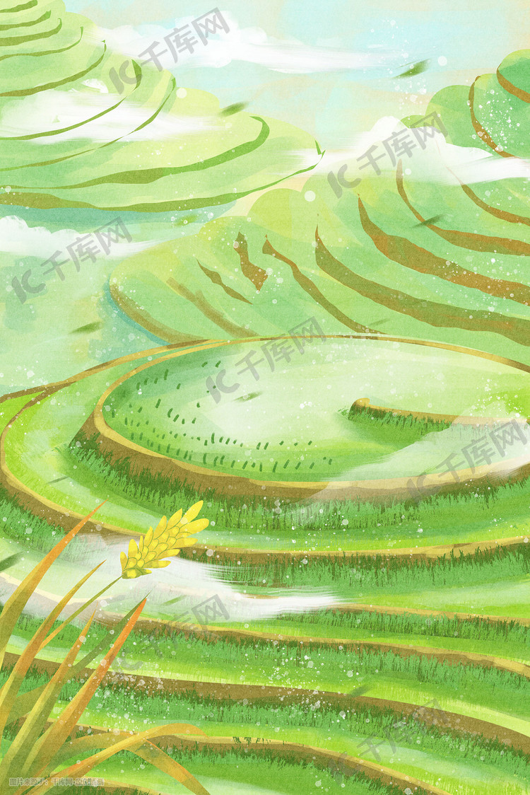 春天春季梯田稻田田野唯美风景插画图片 千库网