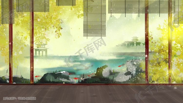 中国风手绘古风庭院场景插画图片 千库网