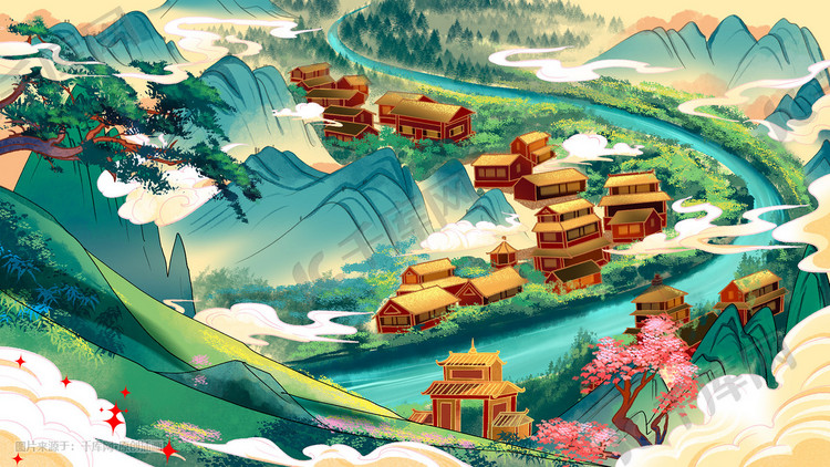 中国风俯视山水大场景古代建筑插画图片 千库网
