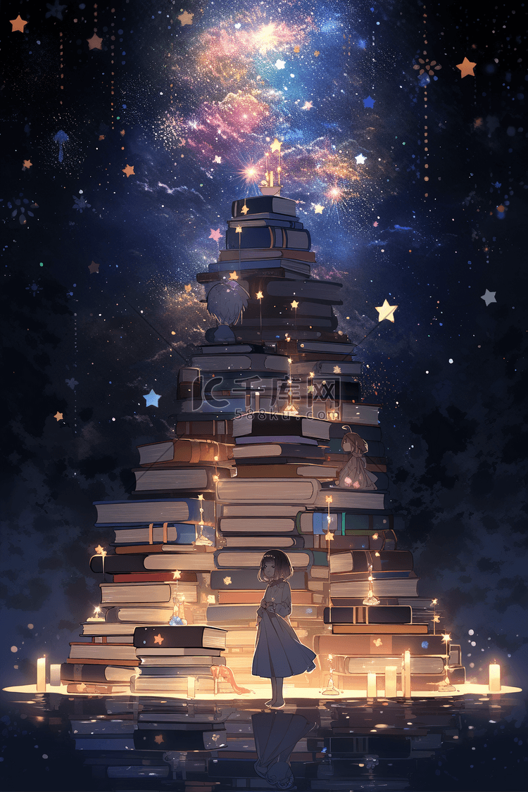 女孩站在书山上仰望星空梦幻插画图片 千库网