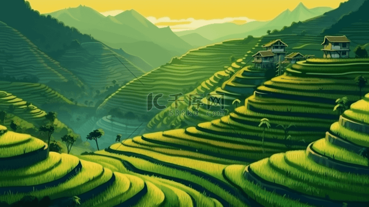 彩色梯田风景层次插画图片 千库网