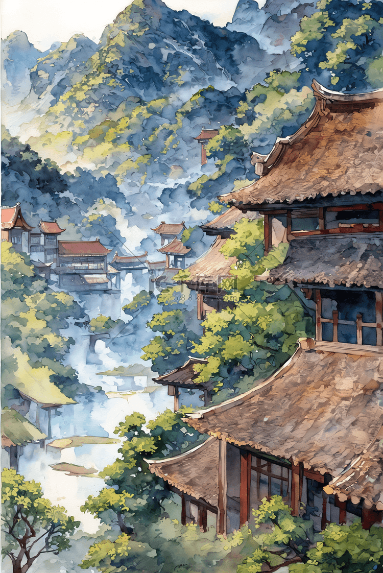 国风水彩画水墨画插画图片 千库网