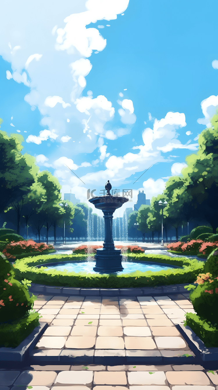 夏日城市公园喷泉插画图片 千库网