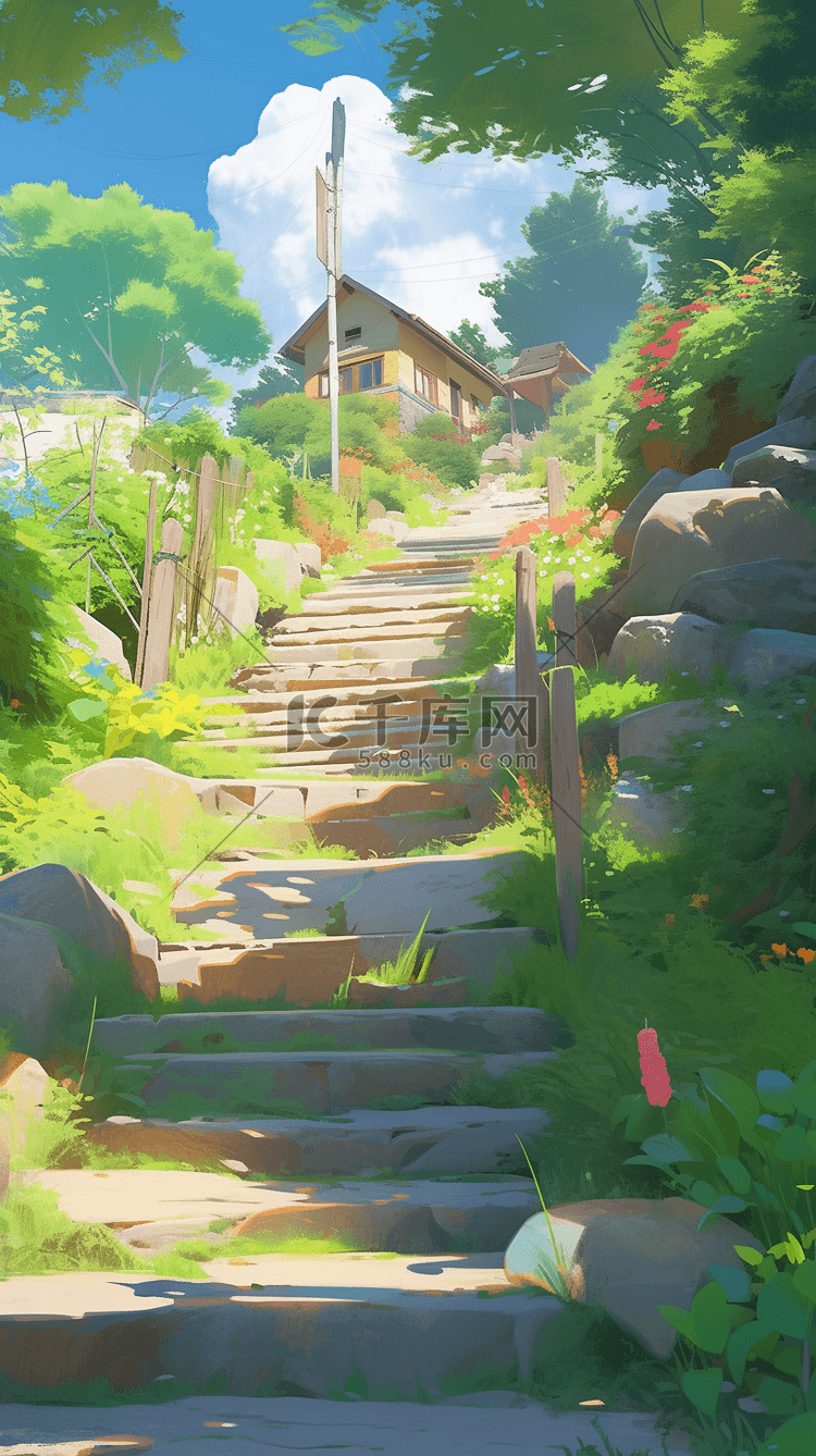 吉卜力风夏天风景插画图片 千库网