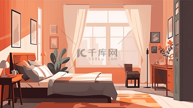 日光卧室矢量扁平室内家具家装插画图片 千库网