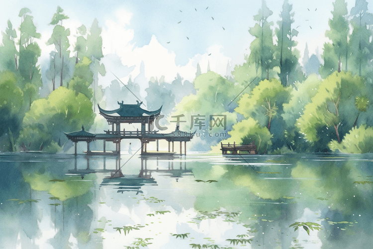 杭州西湖风景水彩凉亭流水树木远景插画图片 千库网