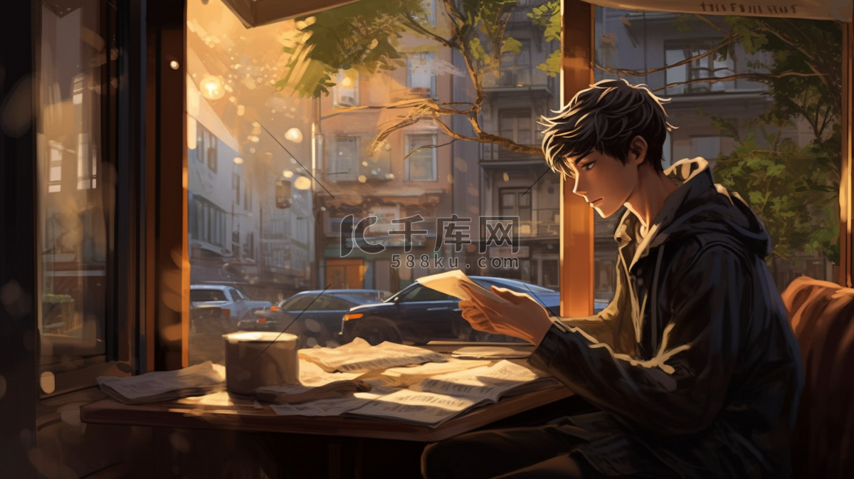 一个男孩在咖啡店看书桌上放着一杯咖啡插画图片 千库网