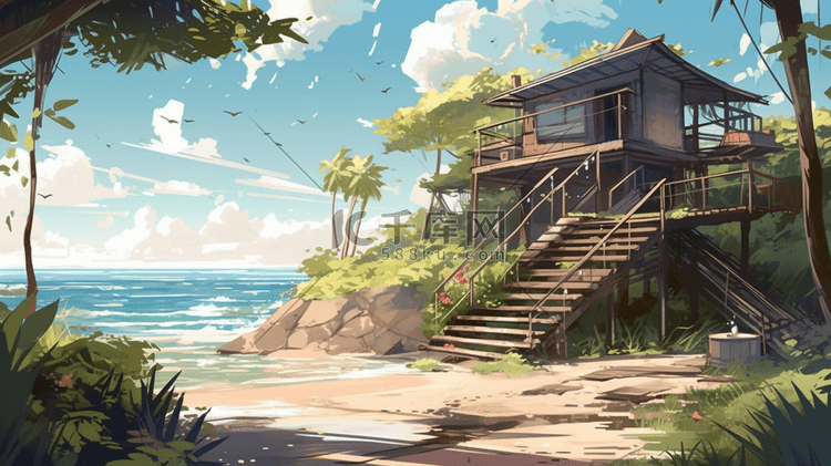 动漫风格的夏日沙滩插画图片 千库网