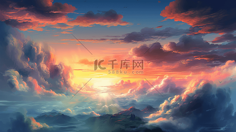 唯美天空云彩晨霞数字艺术插画图片 千库网