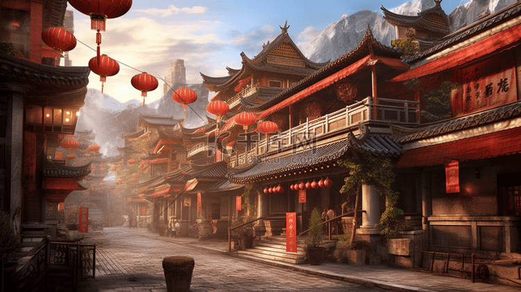 中国古代建筑和古代商业街道数字艺术插画图片 千库网