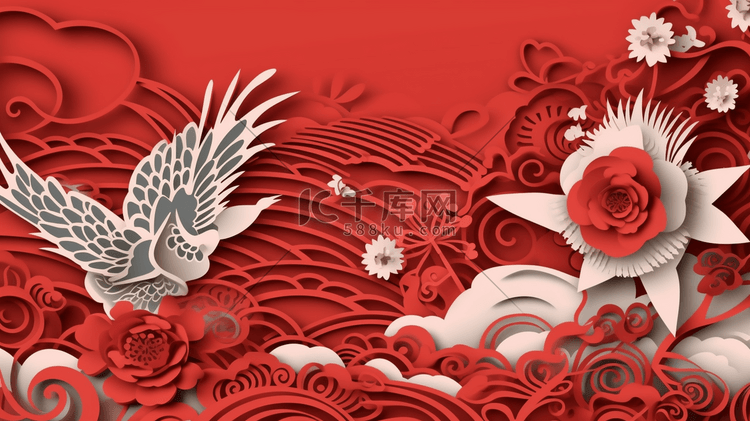 中国风国潮古典建筑剪纸风风景插画图片 千库网
