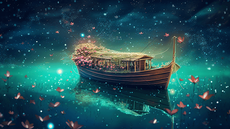 梦幻唯美星河星空湖水湖面轮船插画图片 千库网