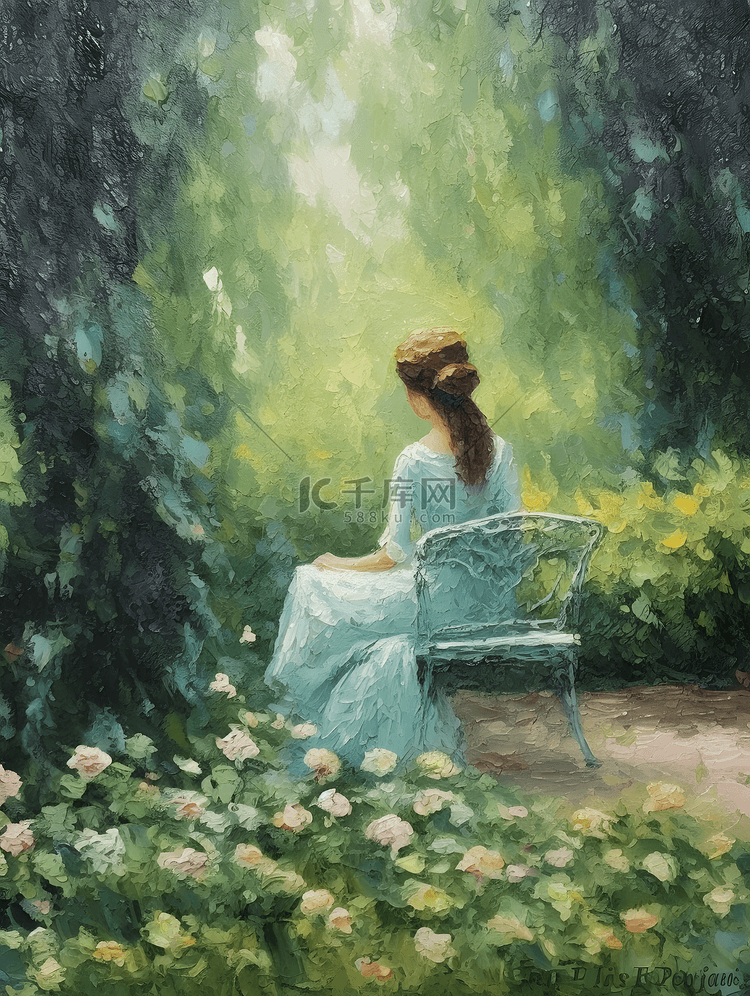 坐在花园里的漂亮女人绿色调油画插画图片 千库网