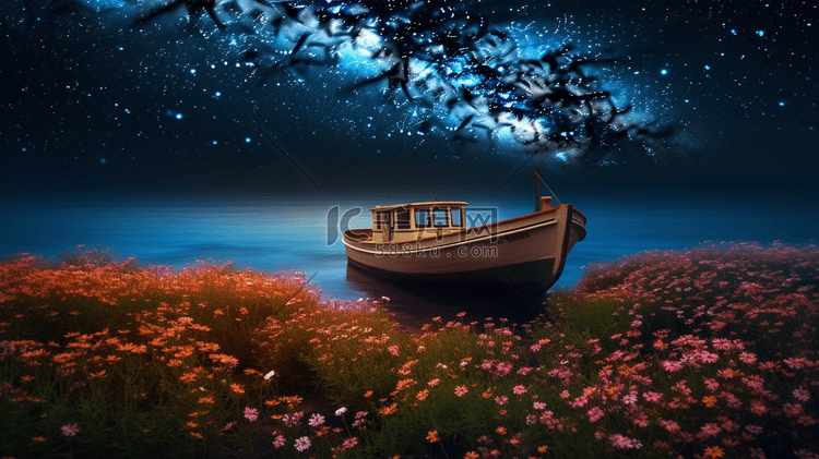 梦幻唯美星河星空湖水湖面轮船插画图片 千库网