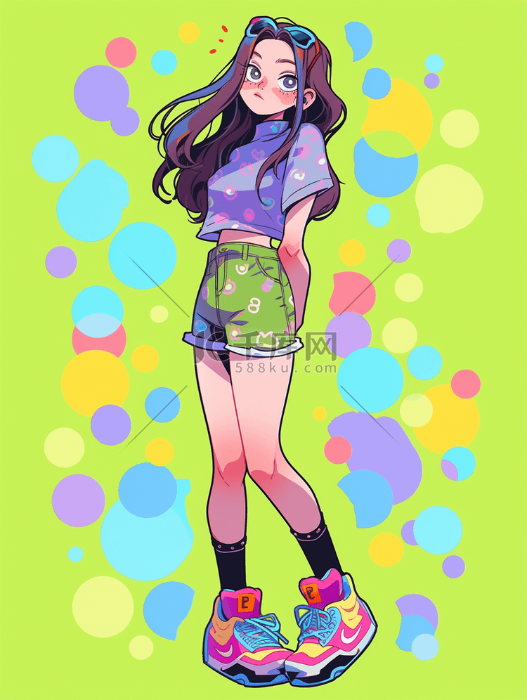 蓝绿多巴胺穿搭颜色绚丽高饱和卡通插画图片 千库网