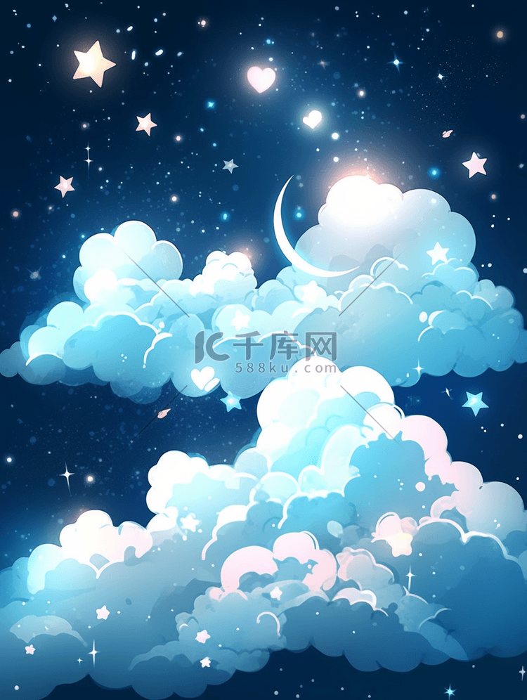 唯美梦幻儿童卡通夜晚天空星云插画图片 千库网