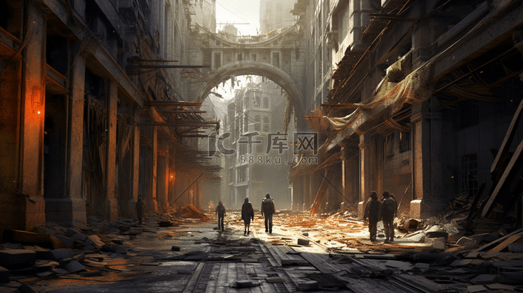 废墟建筑下行走的人废墟漫步插画图片 千库网
