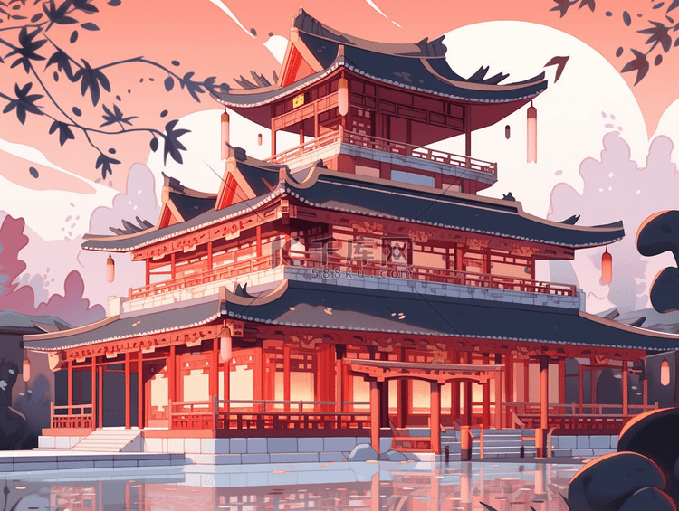 国潮中式建筑插画图片 千库网