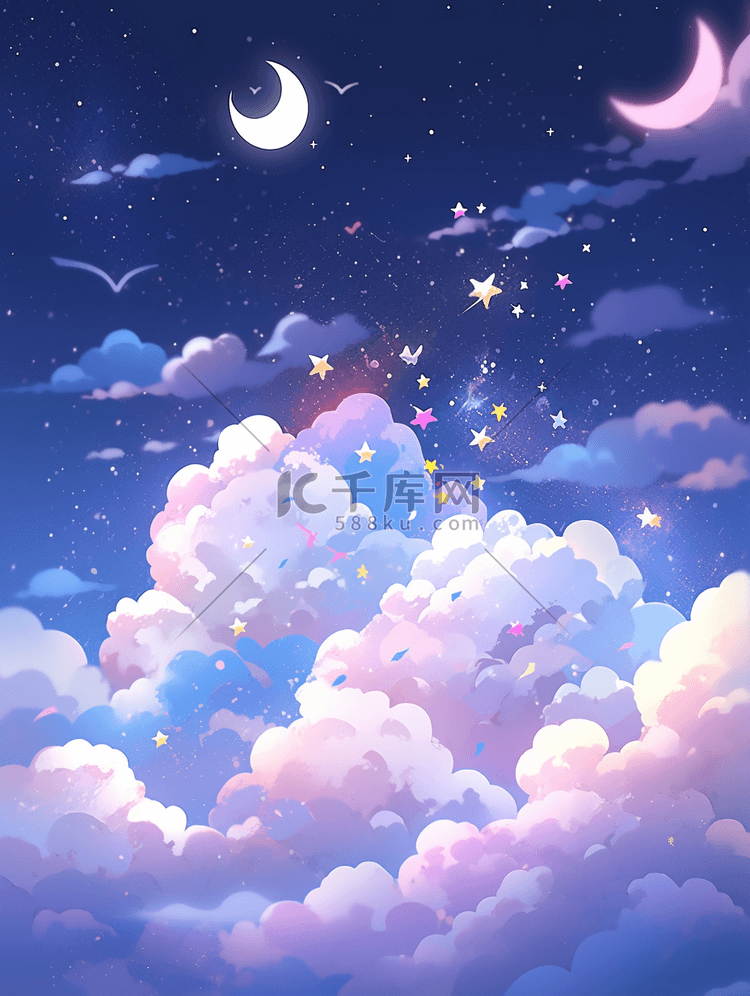 唯美梦幻儿童卡通夜晚天空星云插画图片 千库网