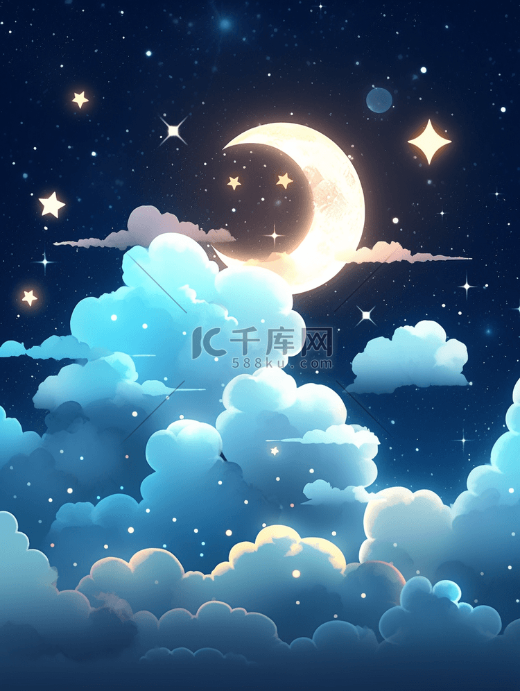 唯美梦幻儿童卡通夜晚天空星云插画图片 千库网